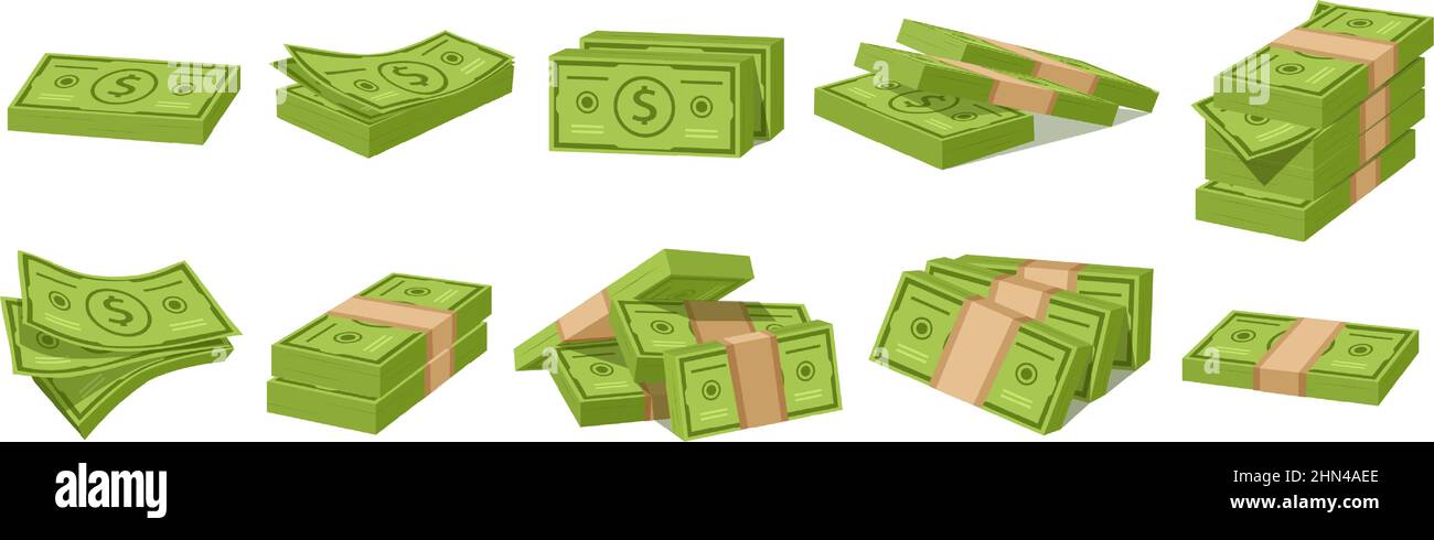 Cartoon dollar bunch, money cash wad. Green paper bills and bundles of ...
