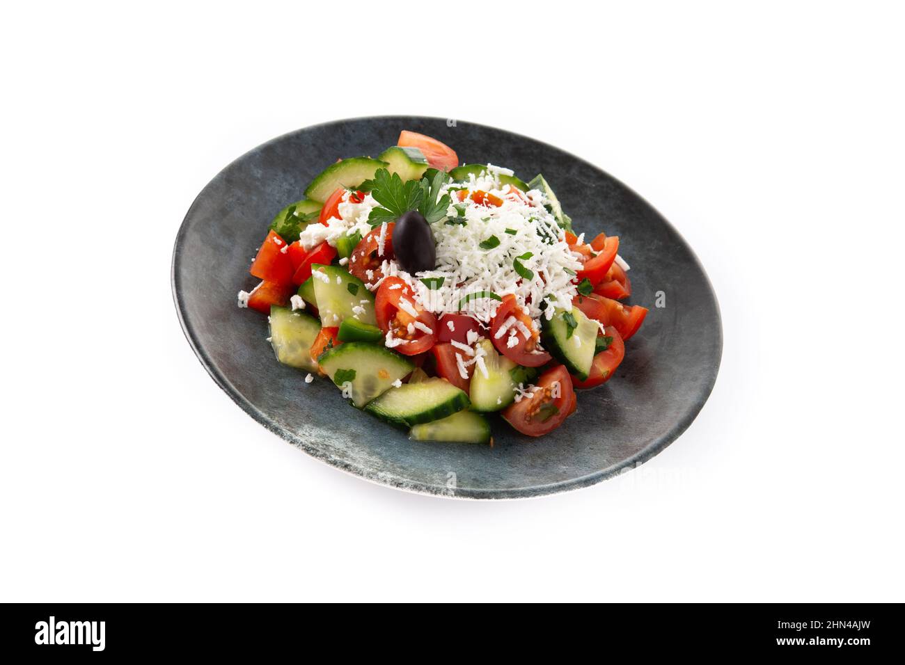Traditional Bulgarian shopska salad with tomato,cucumber and bulgarian ...