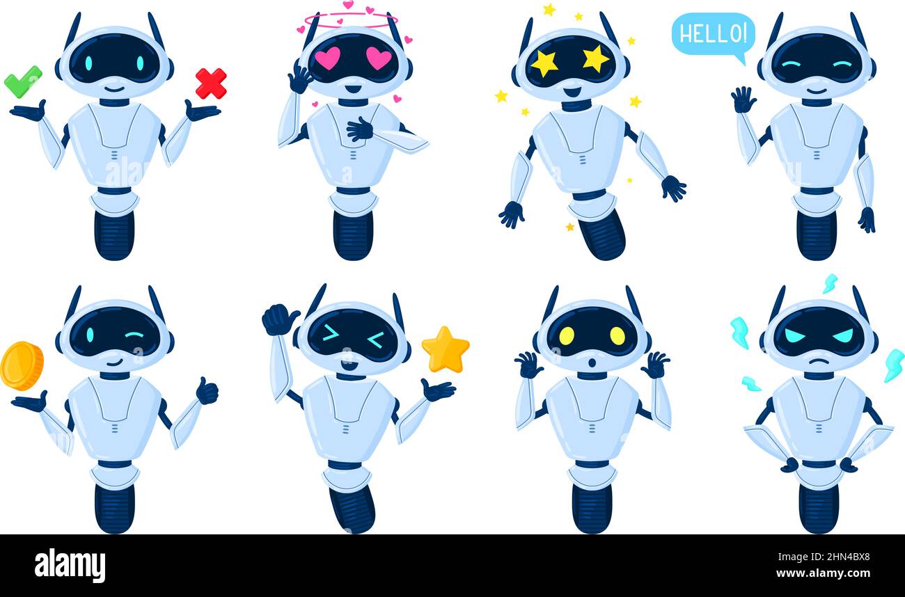 Cartoon chat bot characters, online virtual assistant mascot ...