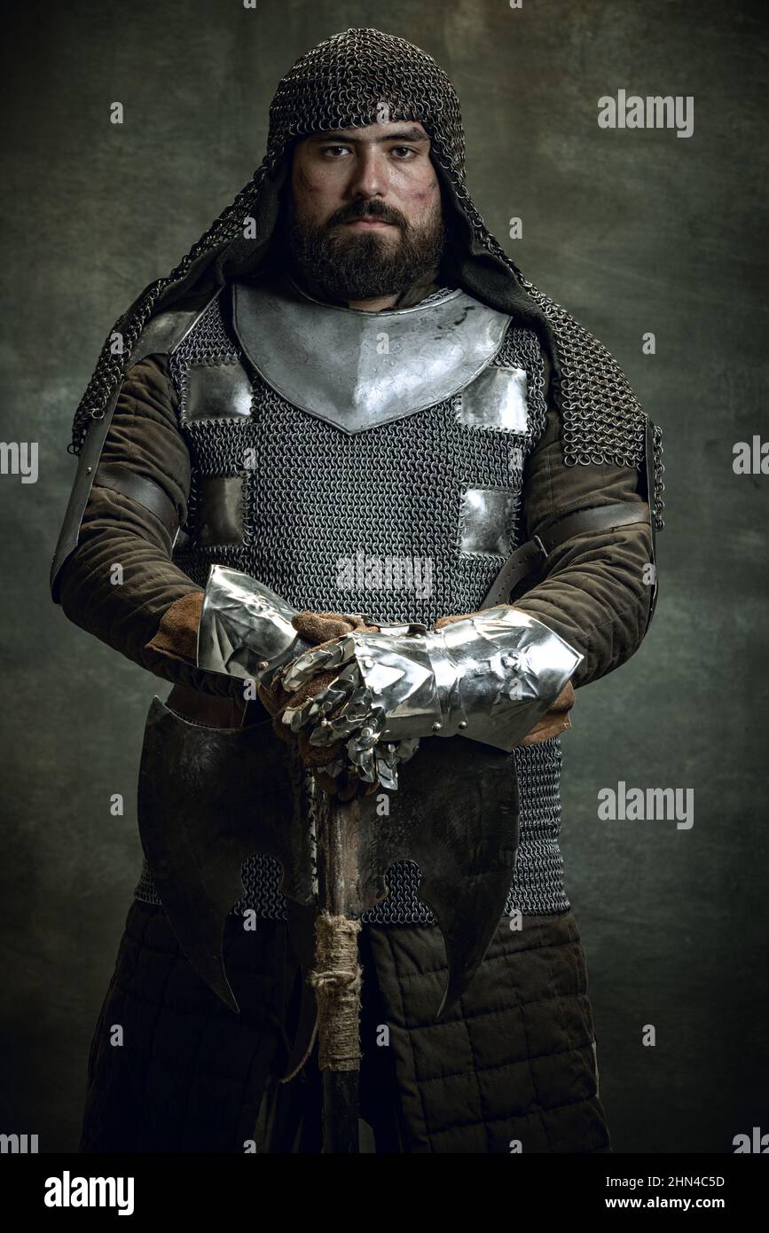 Closeup. Vintage portrait of brutal seriuos man, medieval warrior or ...