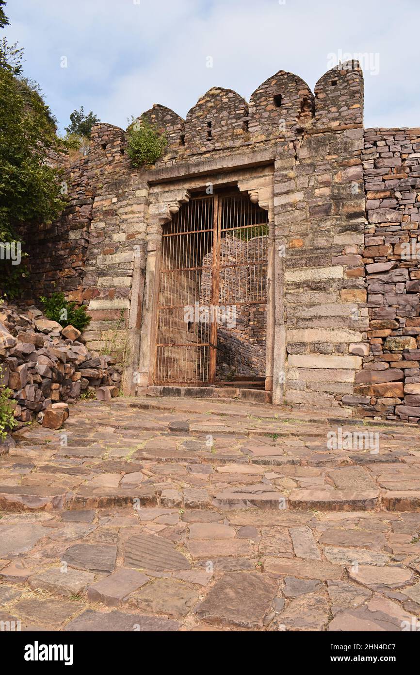Vertical view of Gate No. 1 Raisen Fort's stone stairs, Fort was built ...