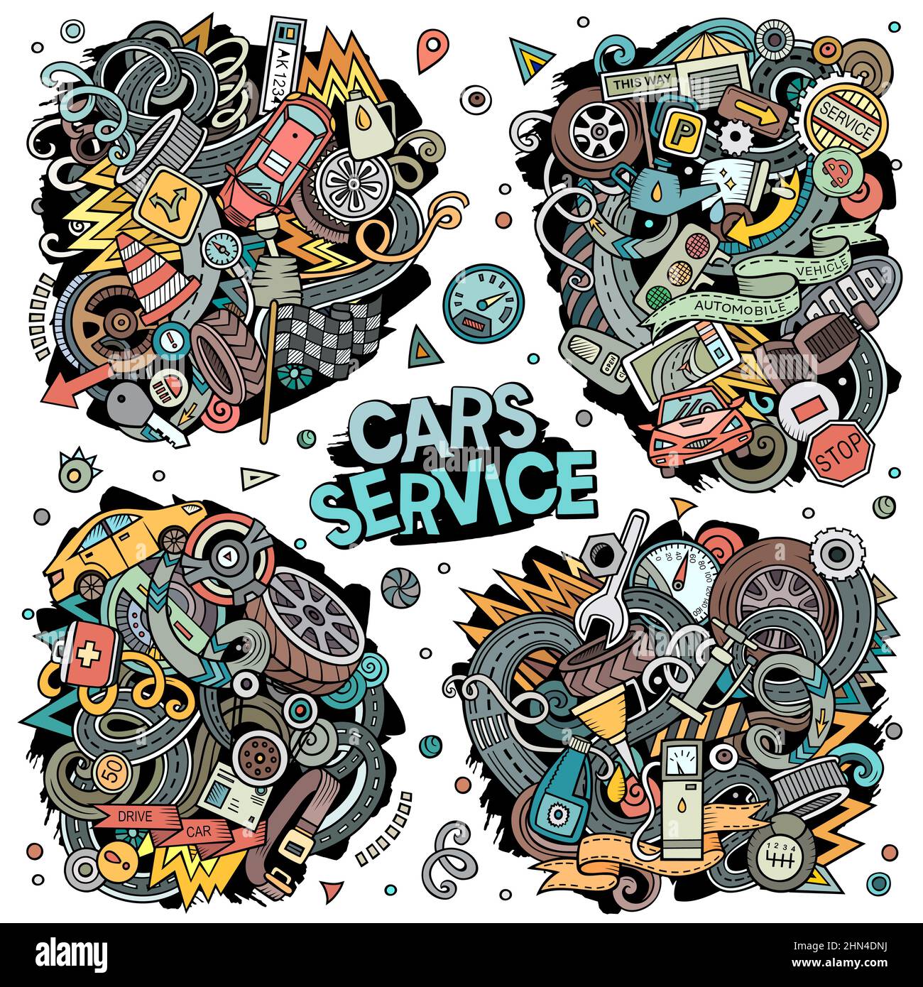 Auto Service cartoon vector doodle designs set Stock Vector Image & Art ...