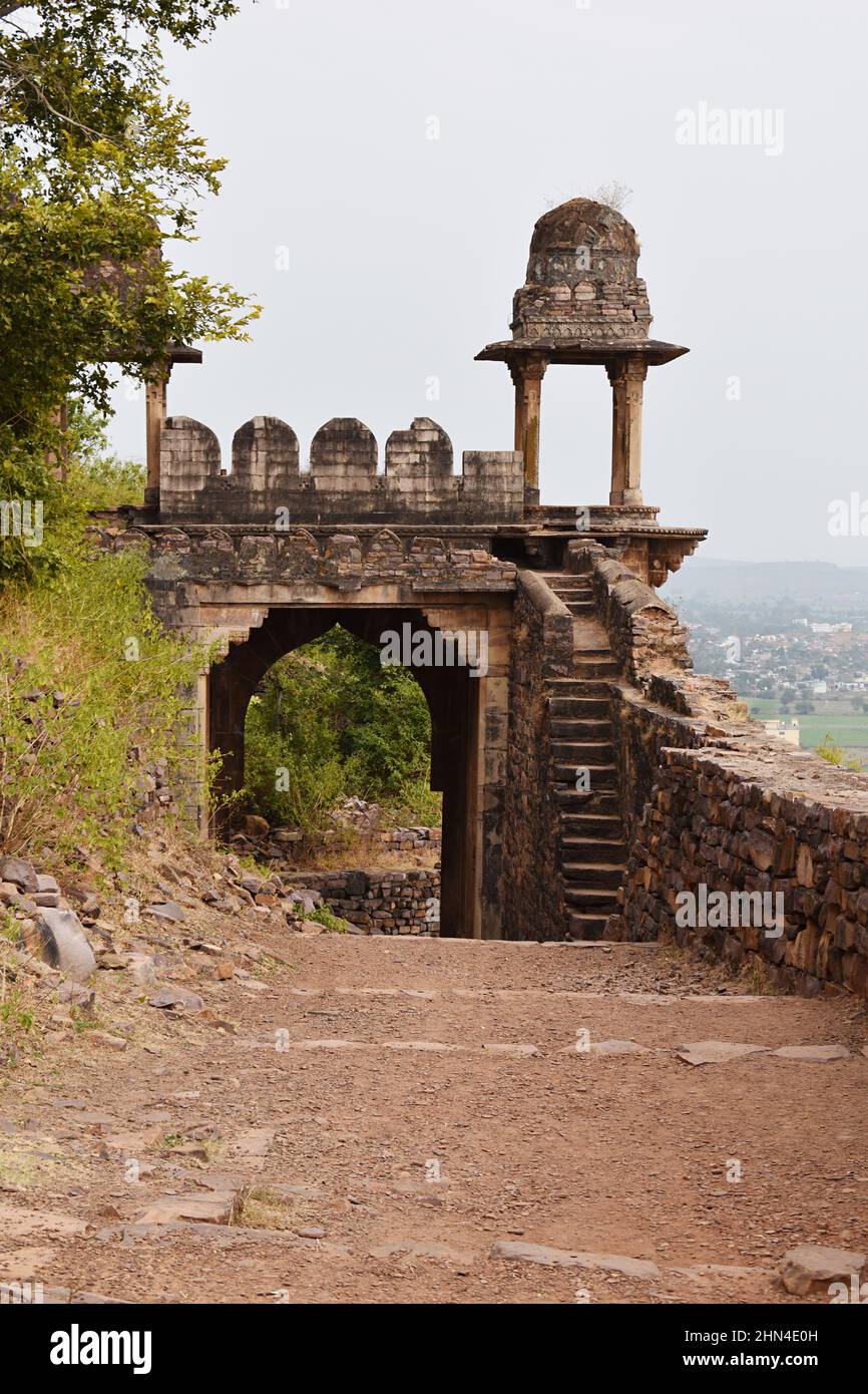 View from Back of Delhi Gate of Raisen Fort, Fortification stone wall ...