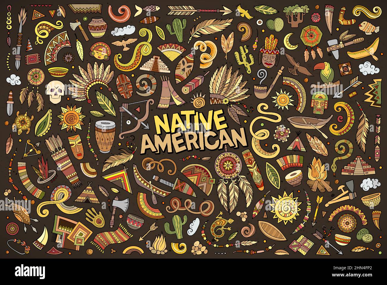 Colorful vector hand drawn doodle cartoon set of Native American ...