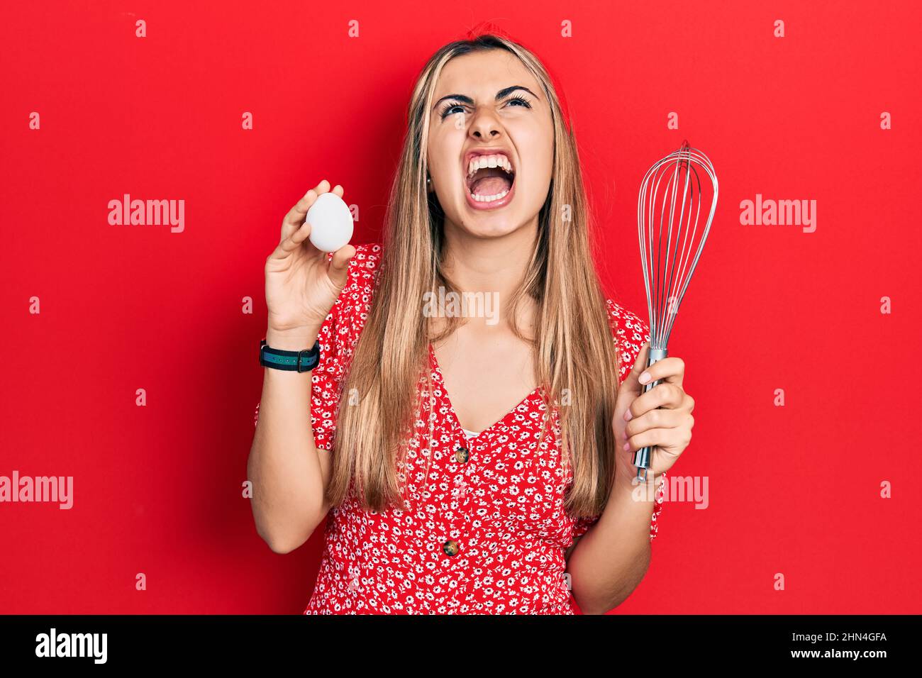 Beautiful hispanic woman holding egg and baker whisk angry and mad ...
