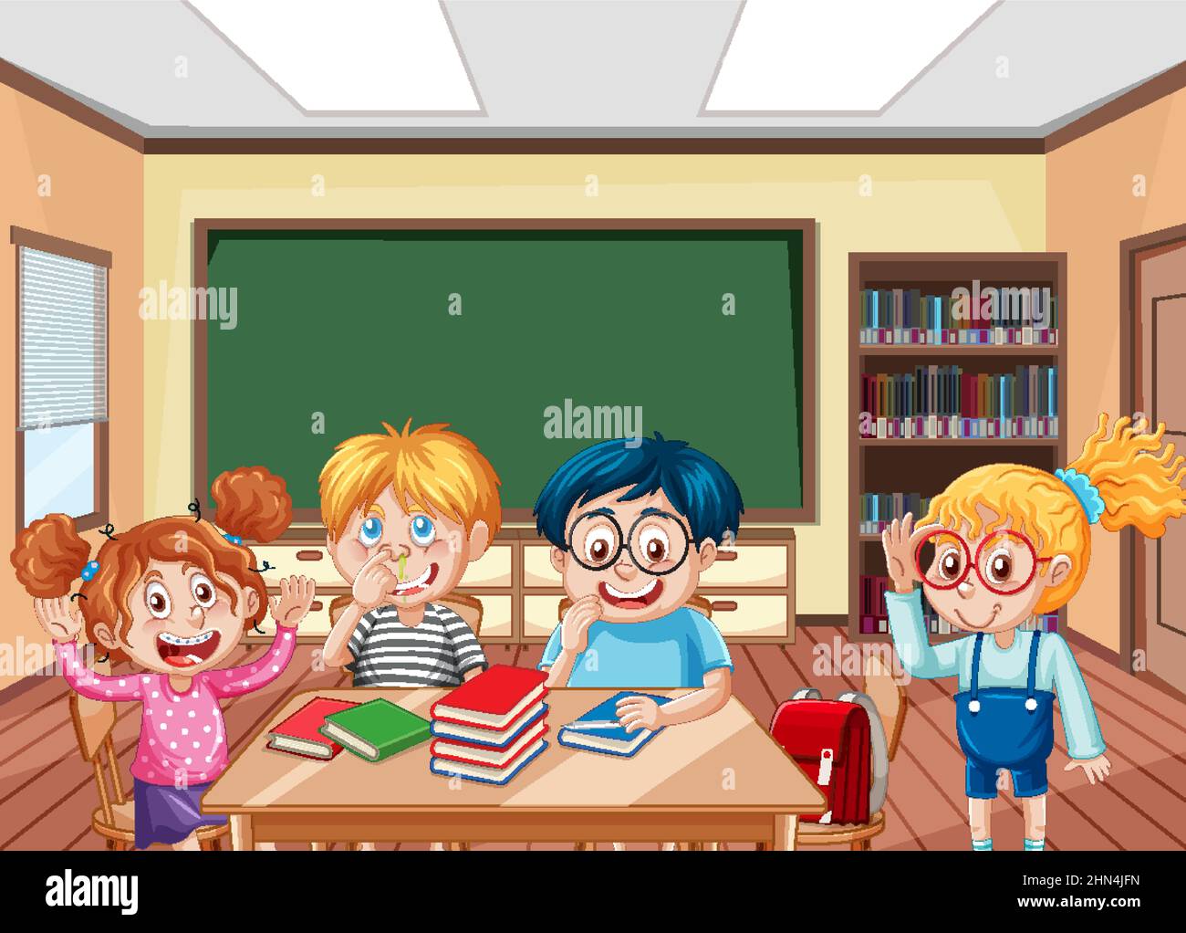 School classroom scene with happy students cartoon character ...