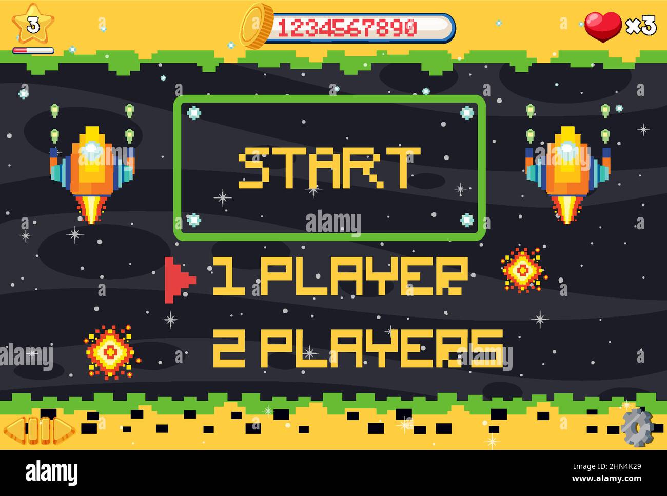 Pixel space game interface with start button illustration Stock Vector ...