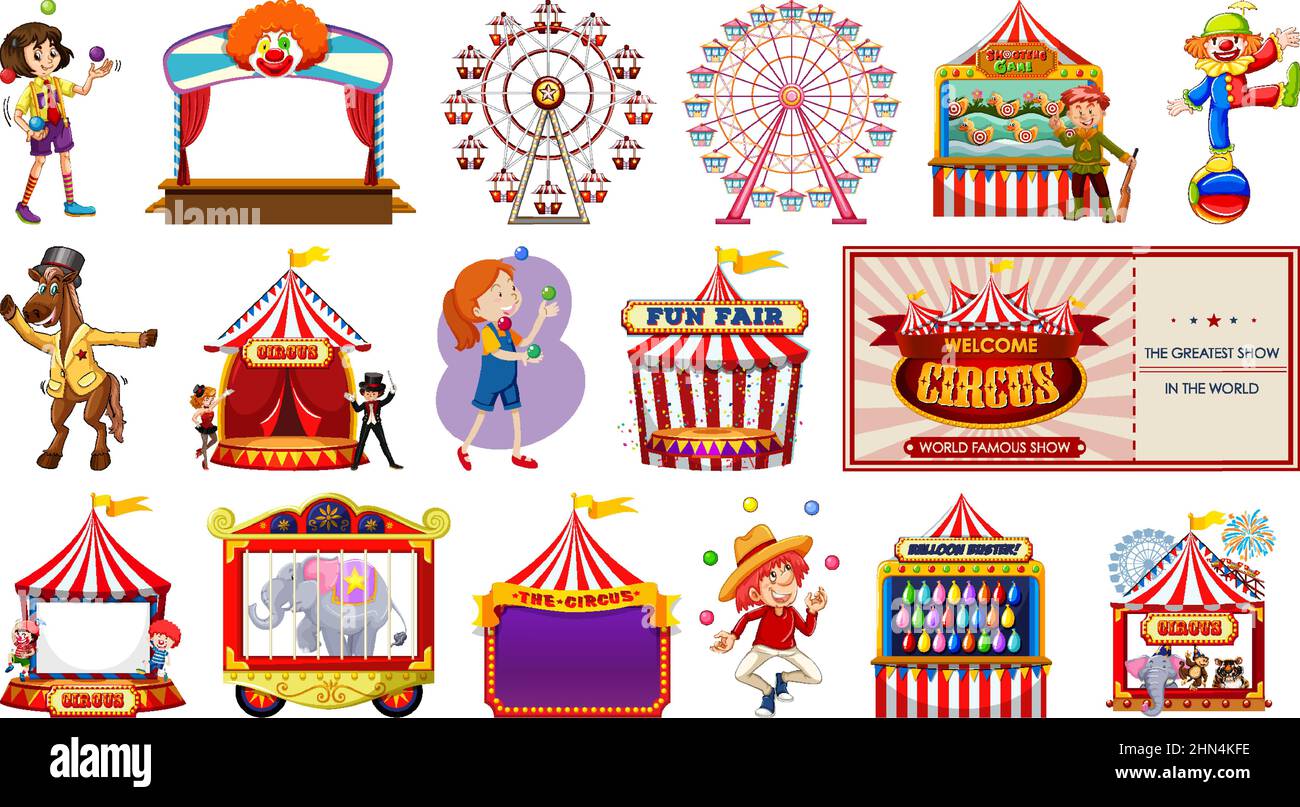 Set of circus characters and amusement park elements illustration Stock ...