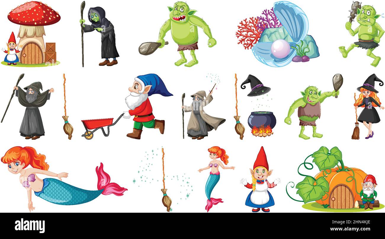 Set of fantasy fairy tale characters and elements illustration Stock ...