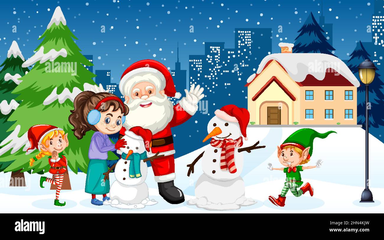Christmas winter scene with children and Santa Claus illustration Stock ...