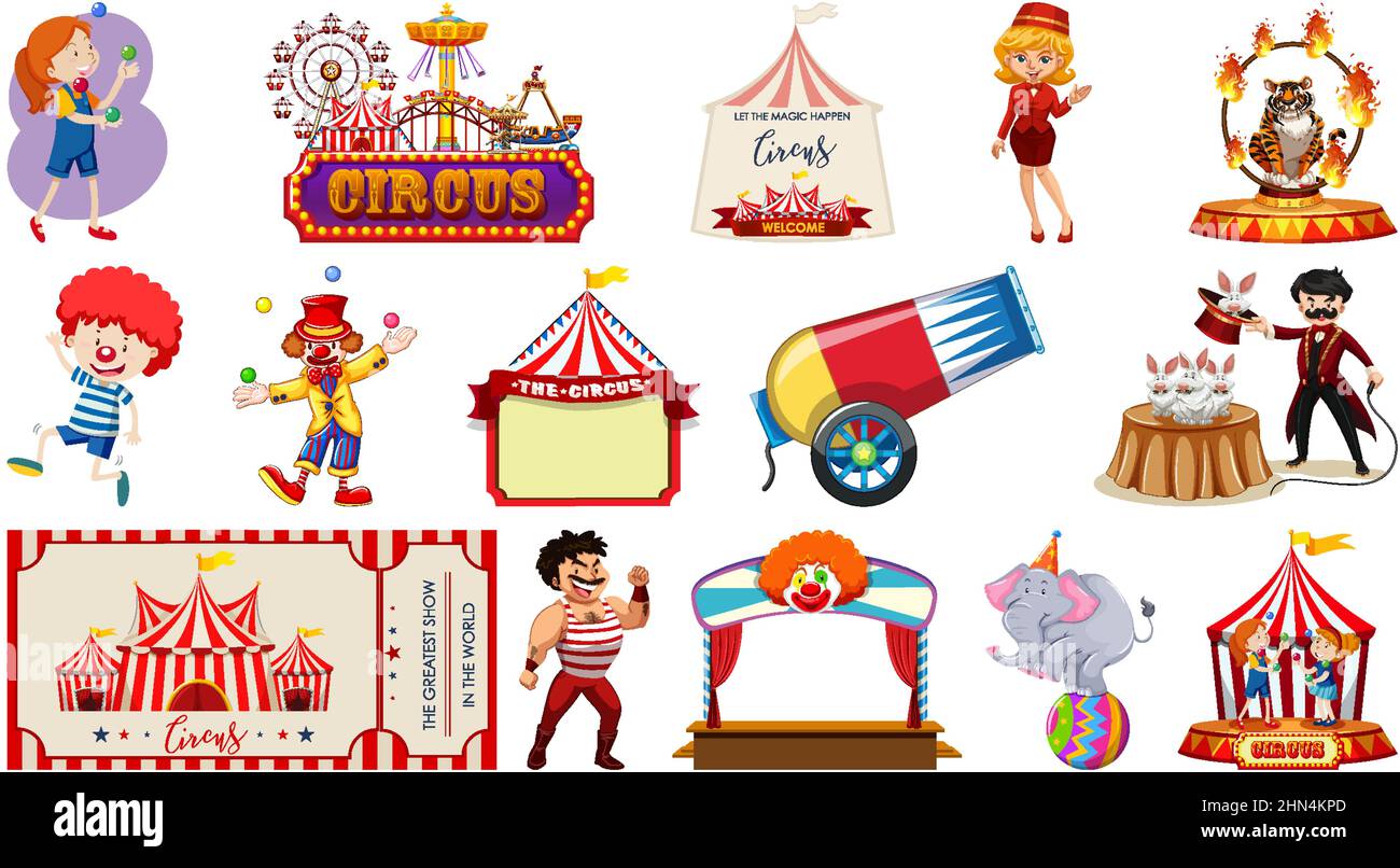 Set of circus characters and amusement park elements illustration Stock ...
