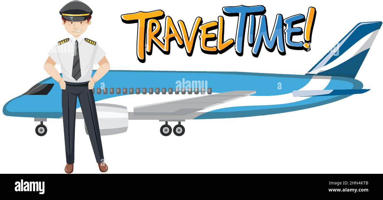 Travel Time typography design with a pilot in cartoon style ...