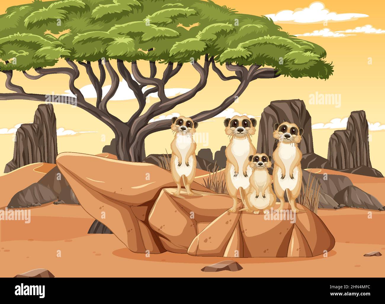 Desert background with a group of meerkats illustration Stock Vector ...