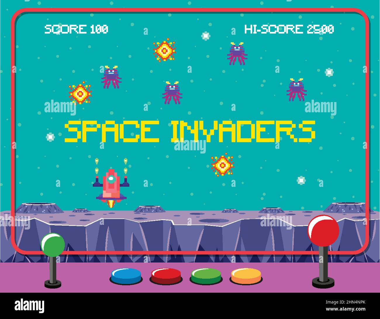 Pixel space game interface with space invaders illustration Stock ...