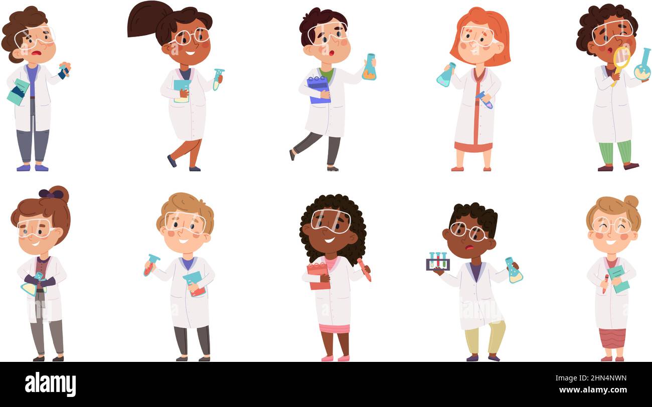 Kids scientists, boys and girls experiment in chemistry lab ...