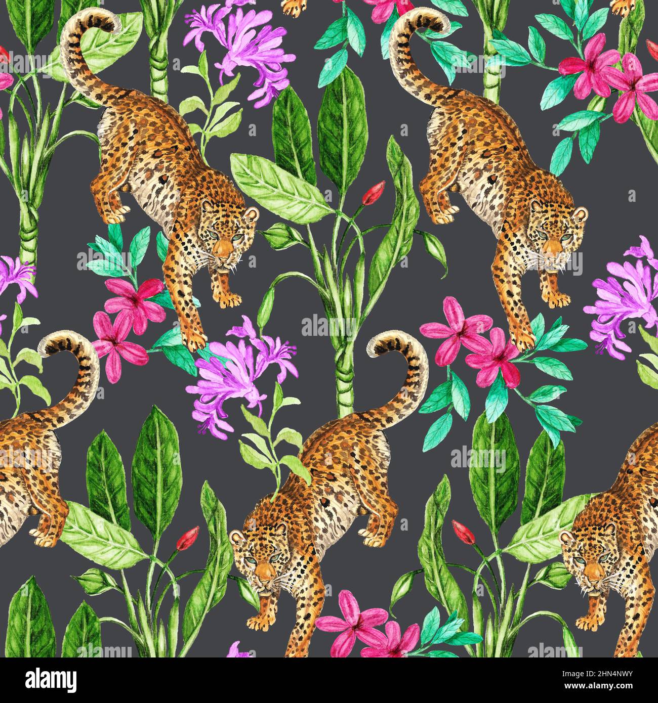 Hand drawn leopard & flowers pattern design in water color for ...