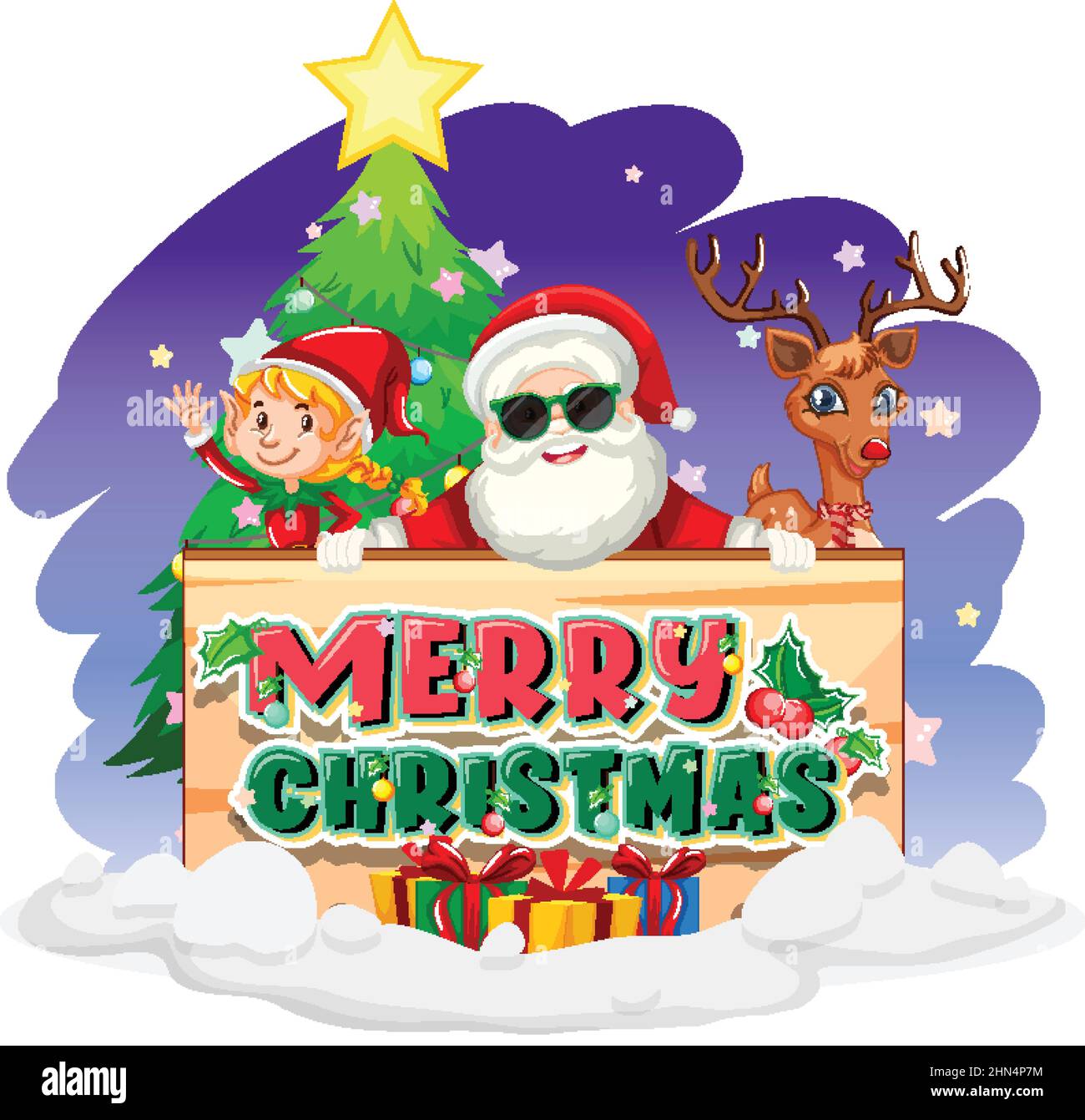 Merry Christmas banner with Santa Claus with elf and reindeer ...