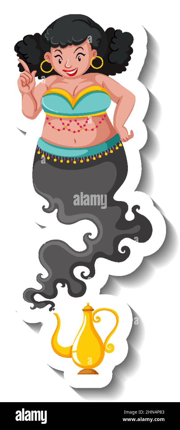 Genie lady coming out of magic lamp cartoon character sticker illustration Stock Vector Image ...