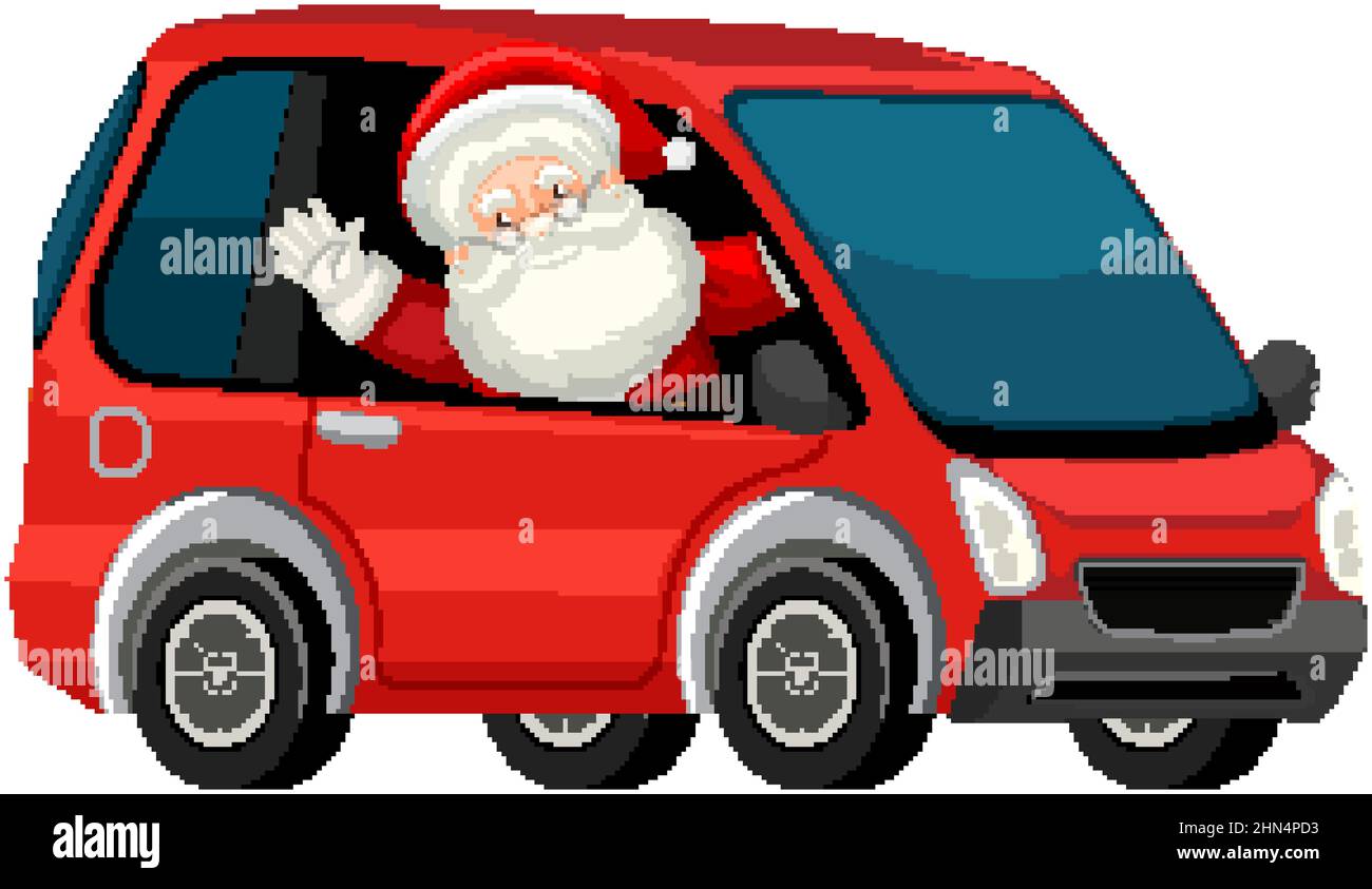 Santa Claus driving red car in cartoon style illustration Stock Vector ...
