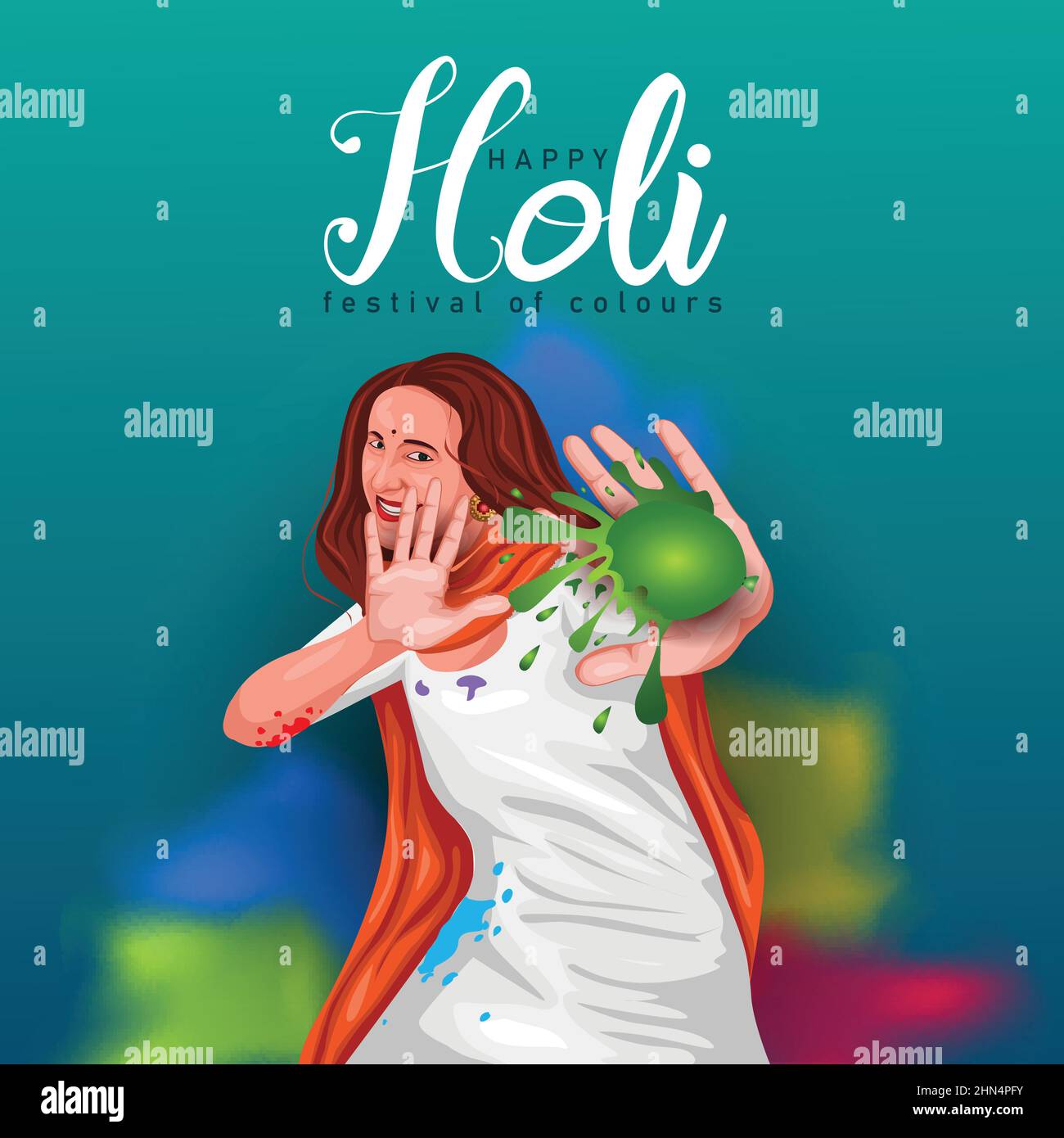 happy Holi Indian girl play with colorful powder. vector illustration ...