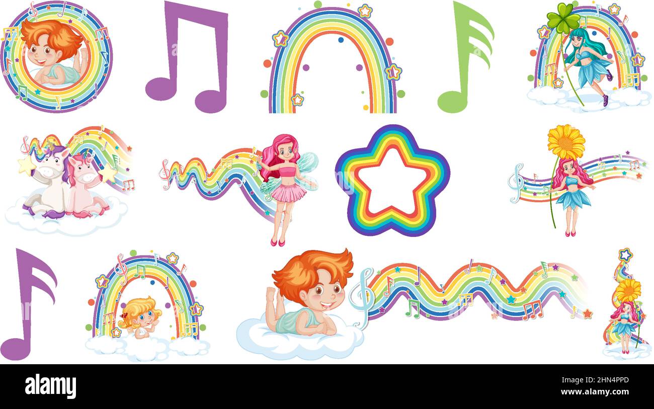Set of fantasy fairies and cupids with rainbow elements illustration ...