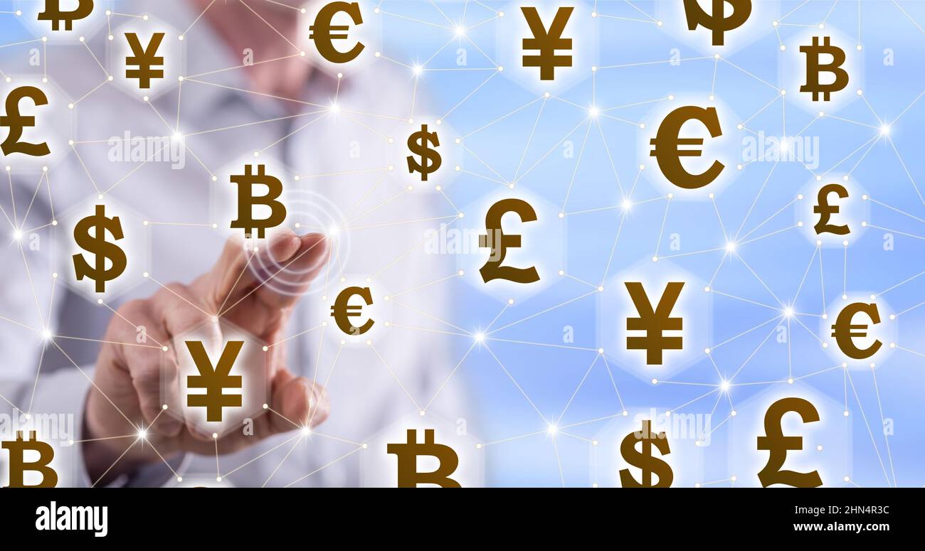 Man touching a currency network concept on a touch screen with his ...