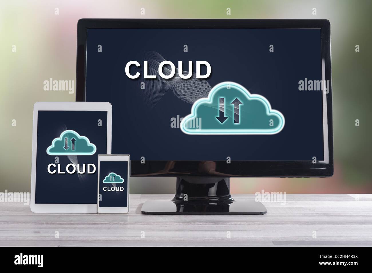 Cloud concept shown on different information technology devices Stock ...