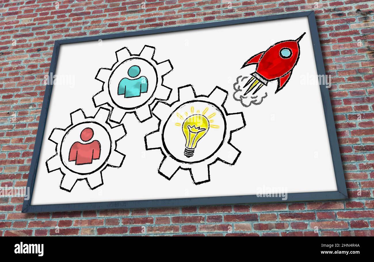 Teamwork concept drawn on a billboard fixed on a brick wall Stock Photo ...