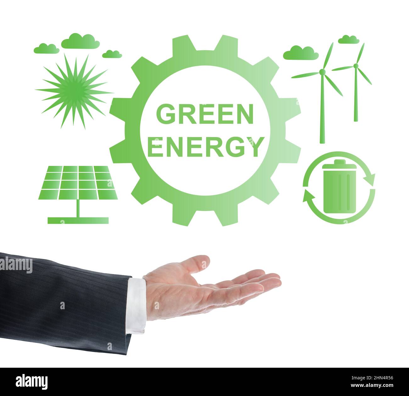 Green energy concept levitating above a hand on grey background Stock ...