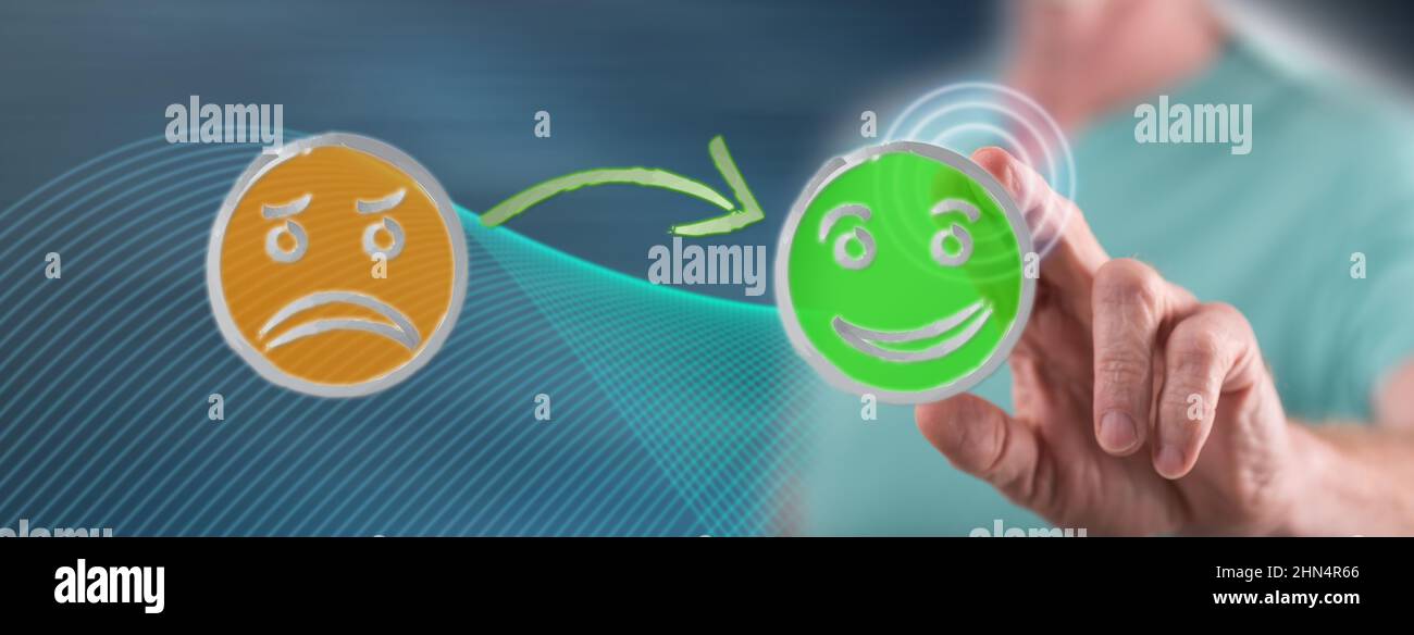 Man touching a customer satisfaction concept on a touch screen with his ...