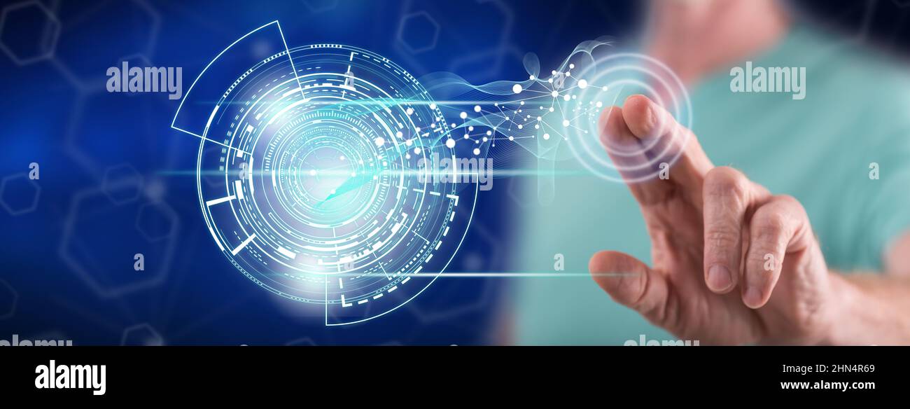 Man touching a technology concept on a touch screen with his finger ...