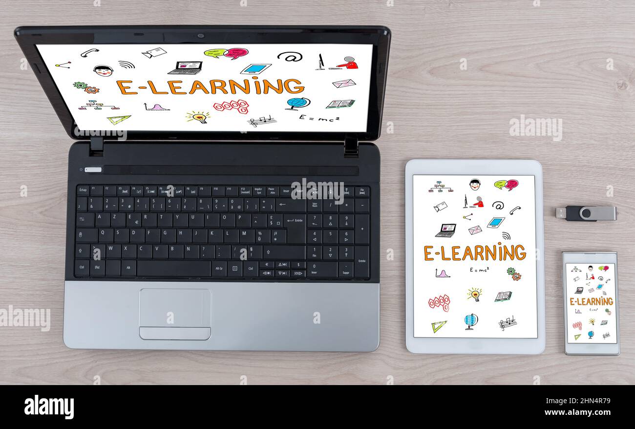 E-learning concept shown on different information technology devices ...
