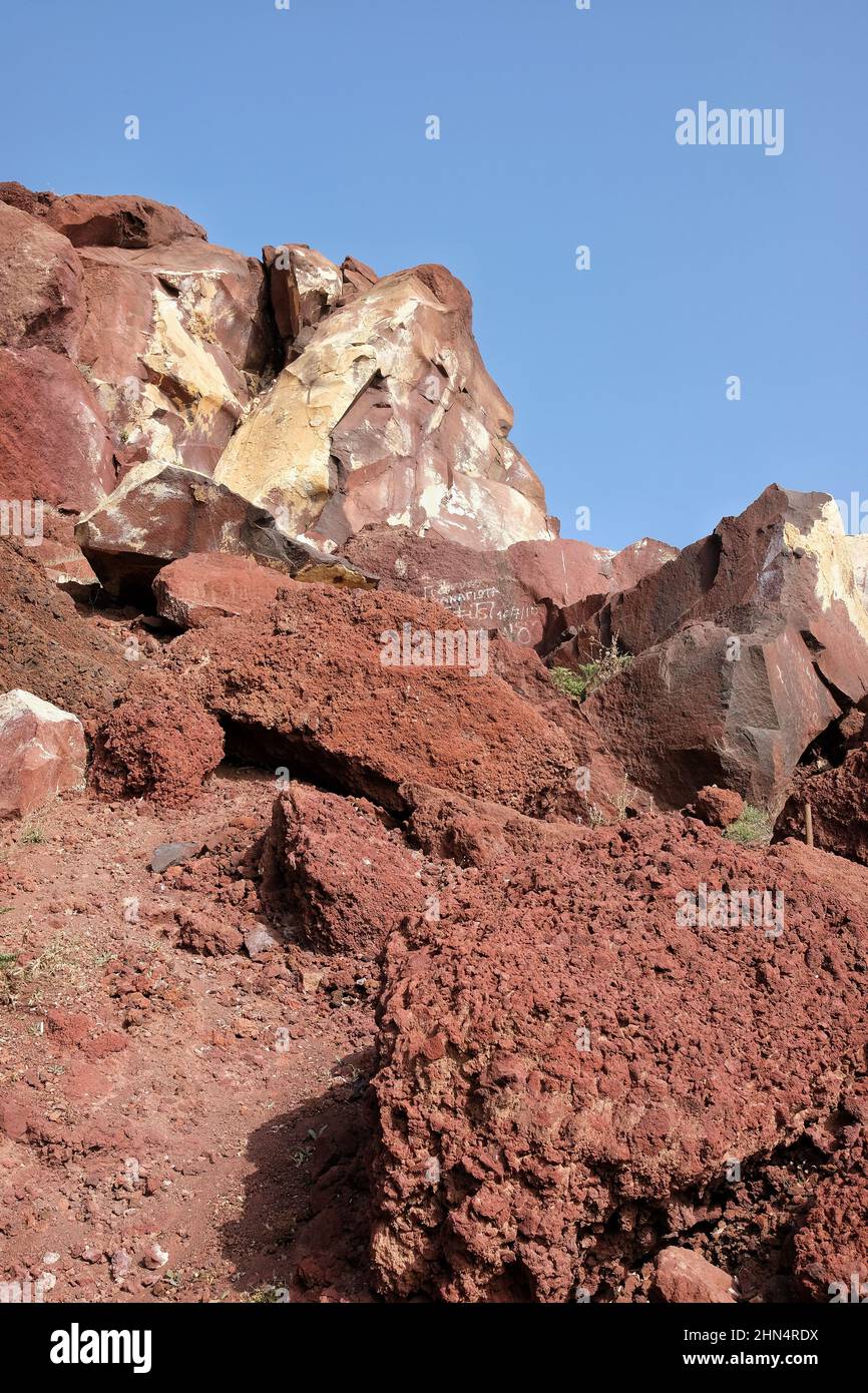 The volcanic landscape of the red beach in Santorini Greece Stock Photo ...