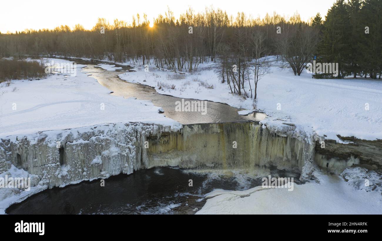 Aerial view to the winter ice clad waterfall on limestone cliff Stock ...