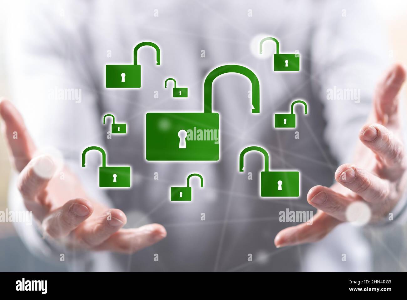 Cyber security concept above the hands of a man in background Stock ...