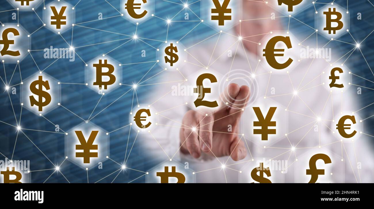 Man touching a currency network concept on a touch screen with his ...
