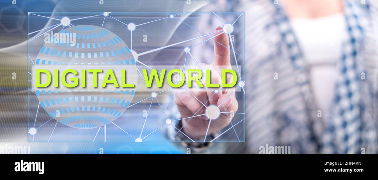 Woman touching a digital world concept on a touch screen with her ...