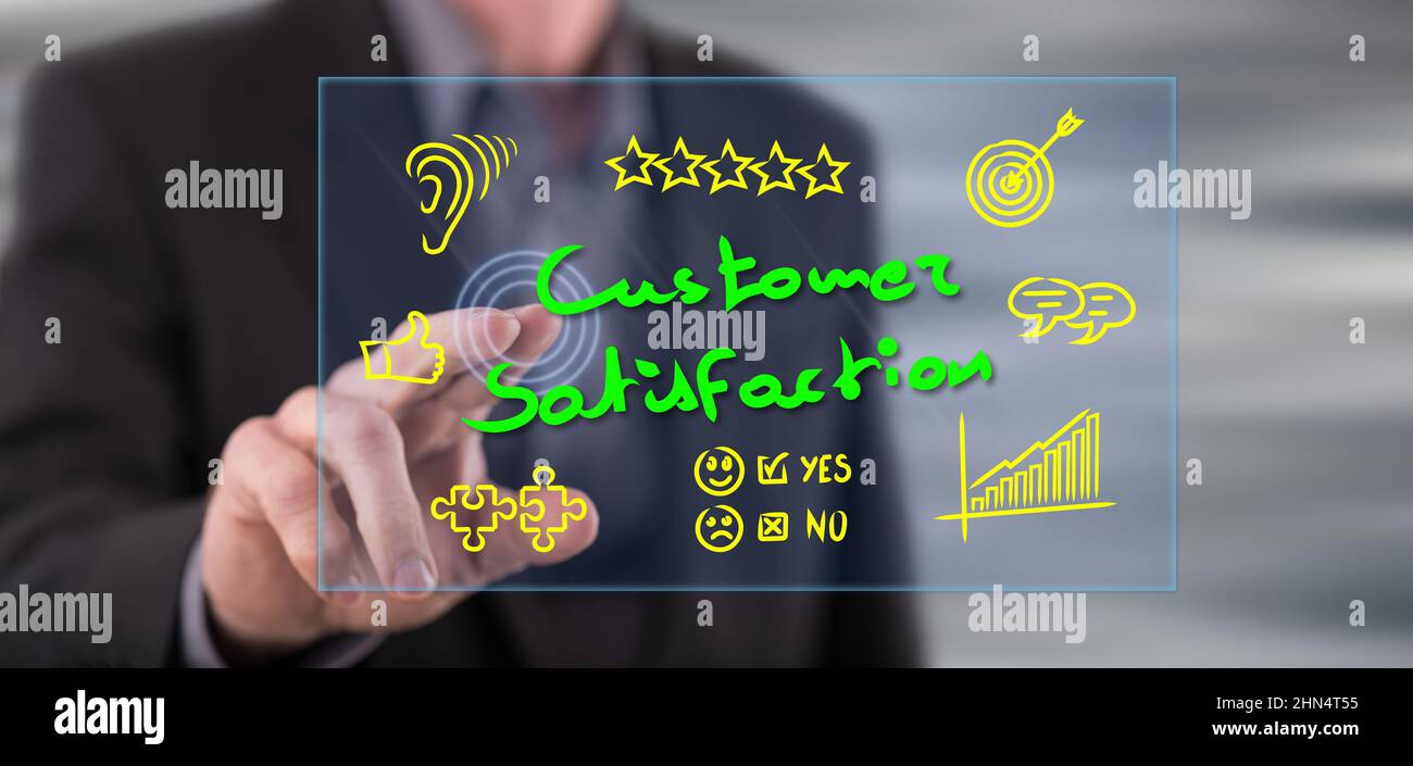Man touching a customer satisfaction concept on a touch screen with his ...