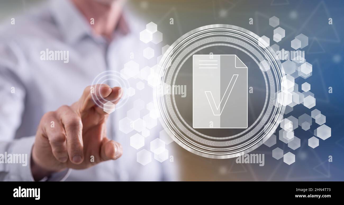 Man touching a document validation concept on a touch screen with his ...