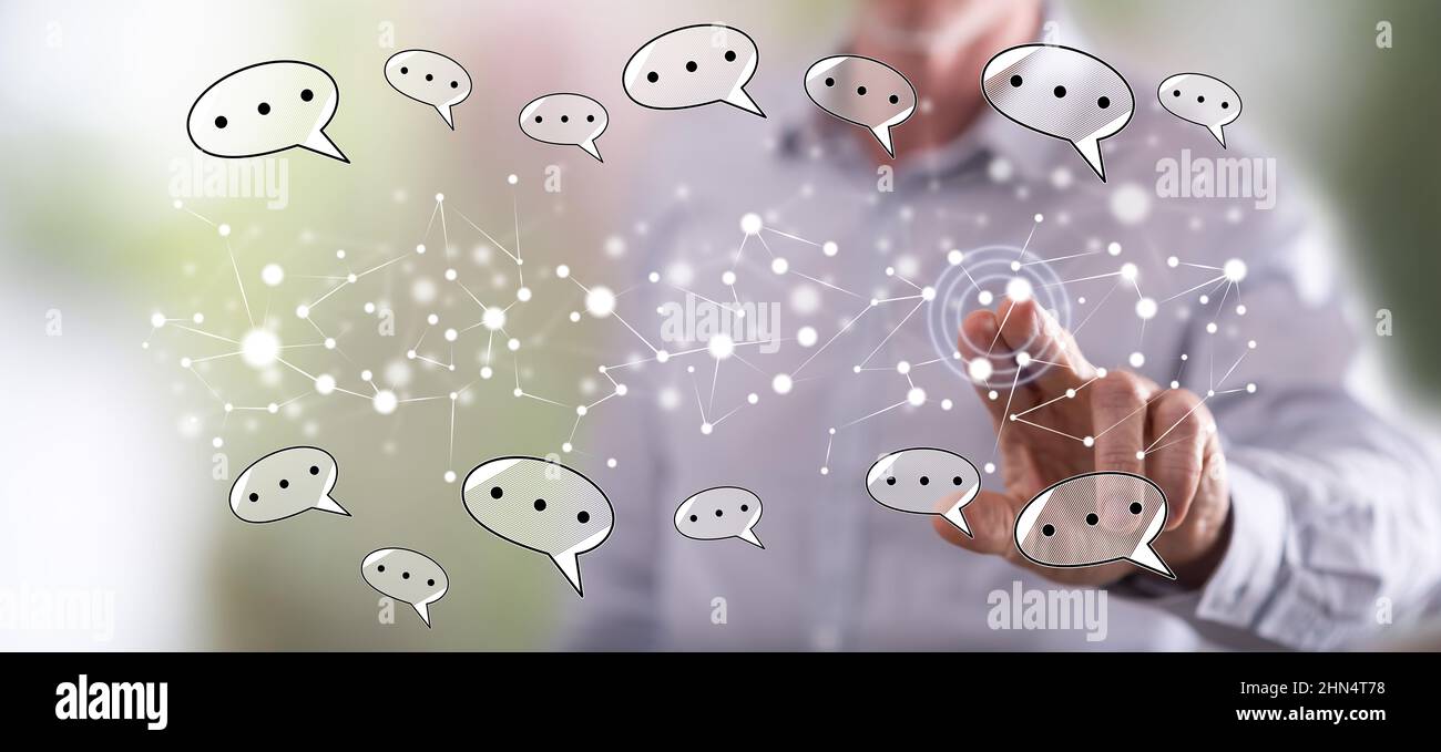 Man touching a network communication concept on a touch screen with his ...