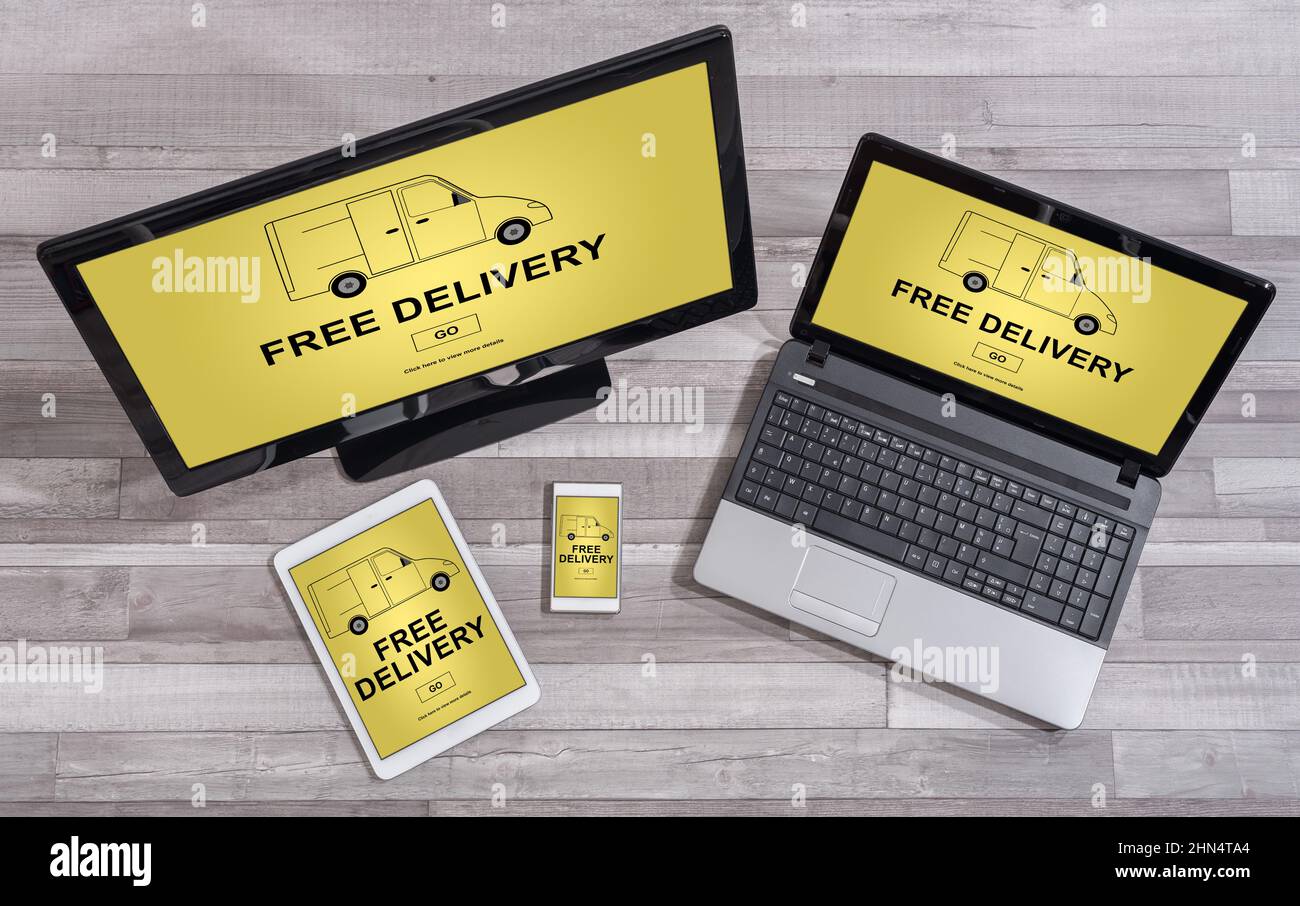 Free delivery concept shown on different information technology devices ...