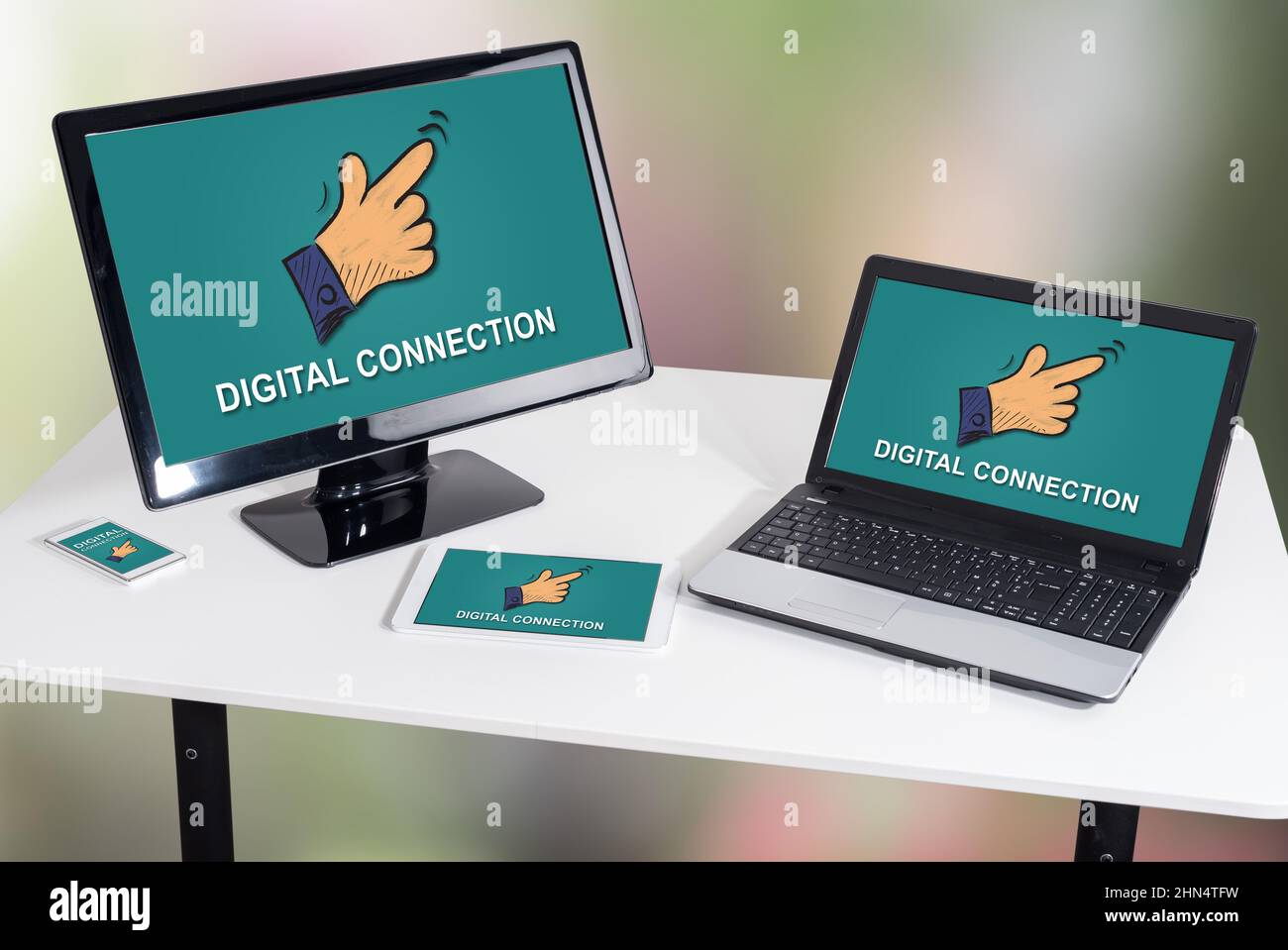 Digital connection concept shown on different information technology ...