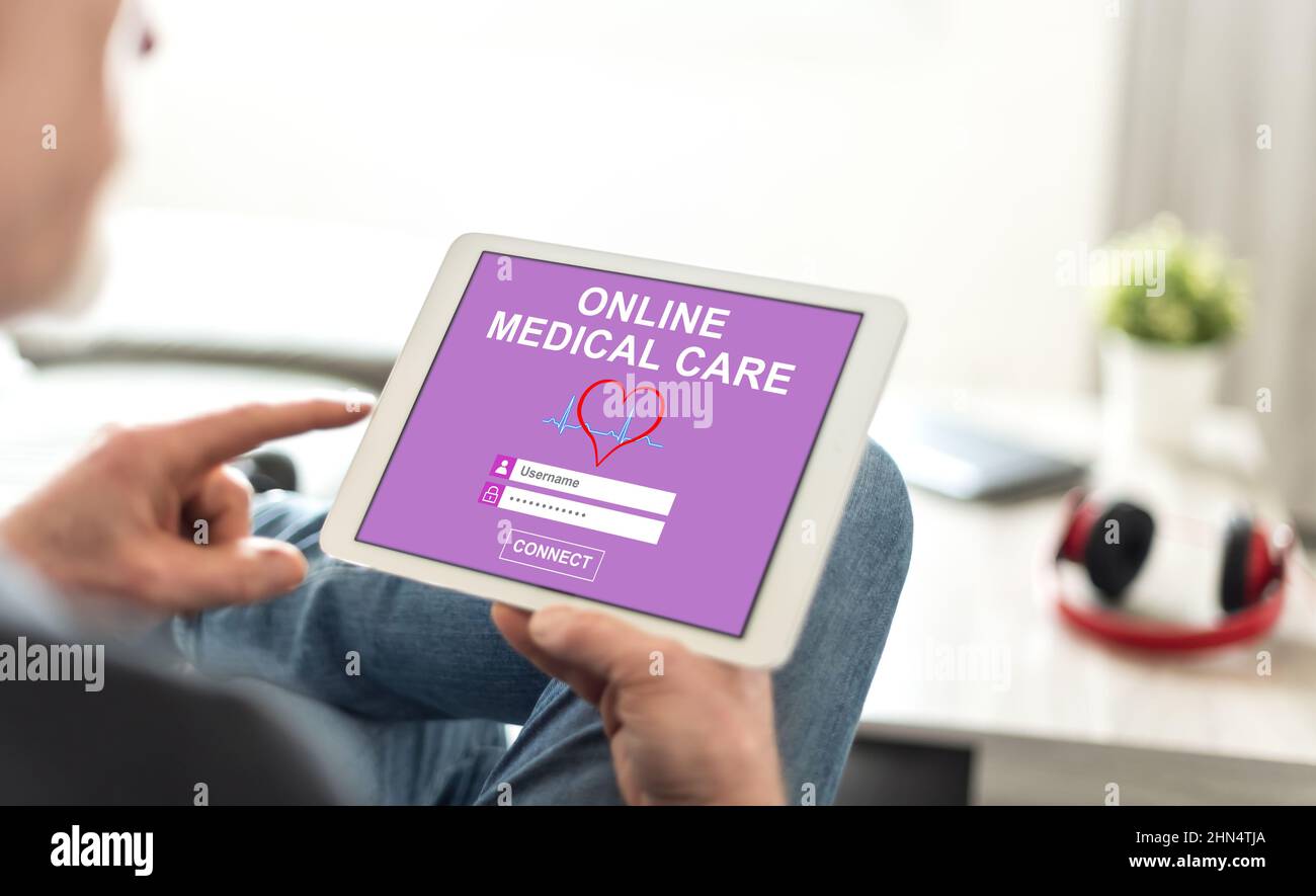 Tablet screen displaying an online medical care concept Stock Photo - Alamy