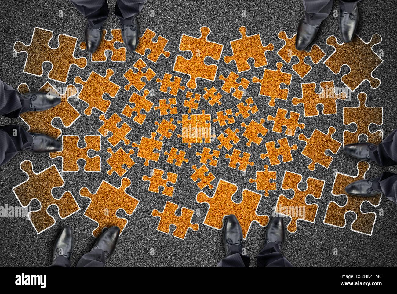 Feet around teamwork concept drawn on a road Stock Photo - Alamy