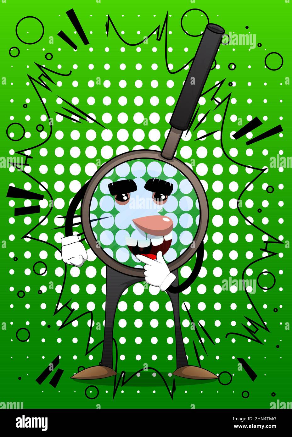 Magnifier holding finger front of his mouth. Cartoon Character science ...