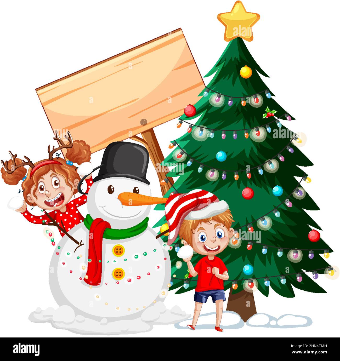 Christmas snowman with happy children cartoon character illustration ...