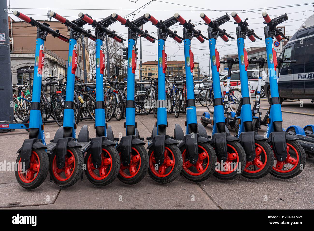14 February 2022. Padua Italy. Dott electric scooters for hire in the ...