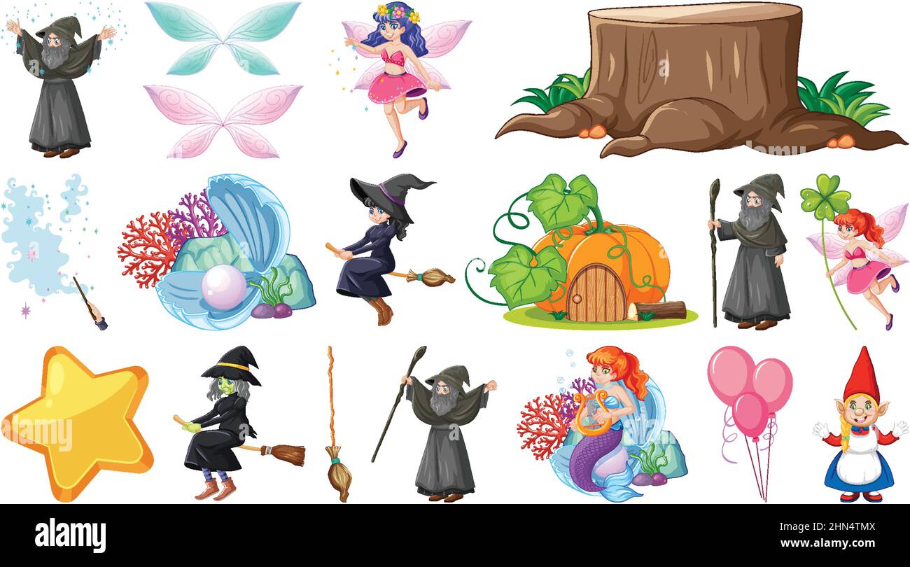 Set of fantasy fairy tale characters and elements illustration Stock ...