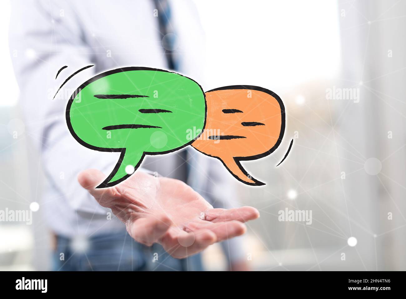 Communication concept above the hand of a man in background Stock Photo ...