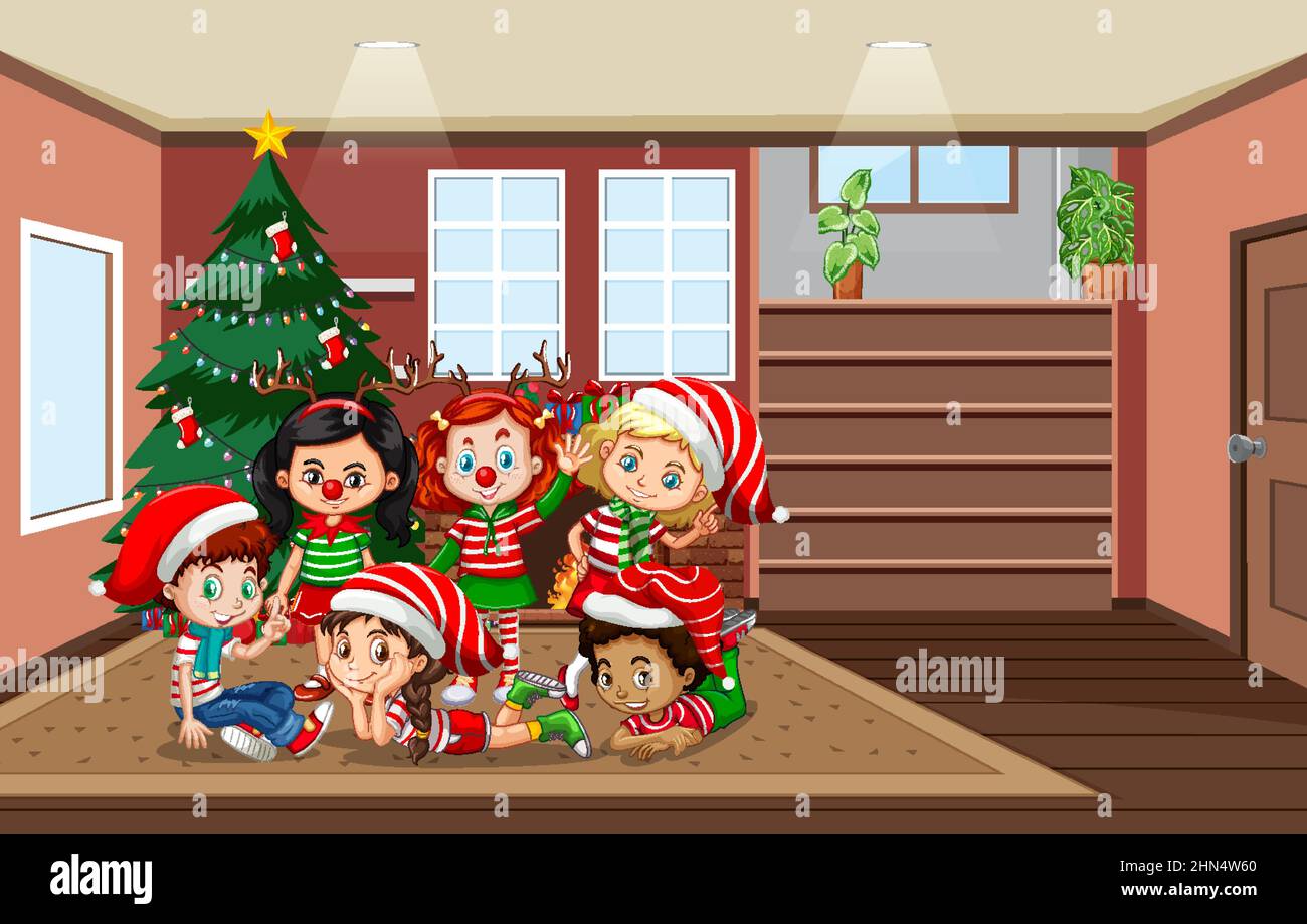 Room scene with children celebrating Christmas illustration Stock ...